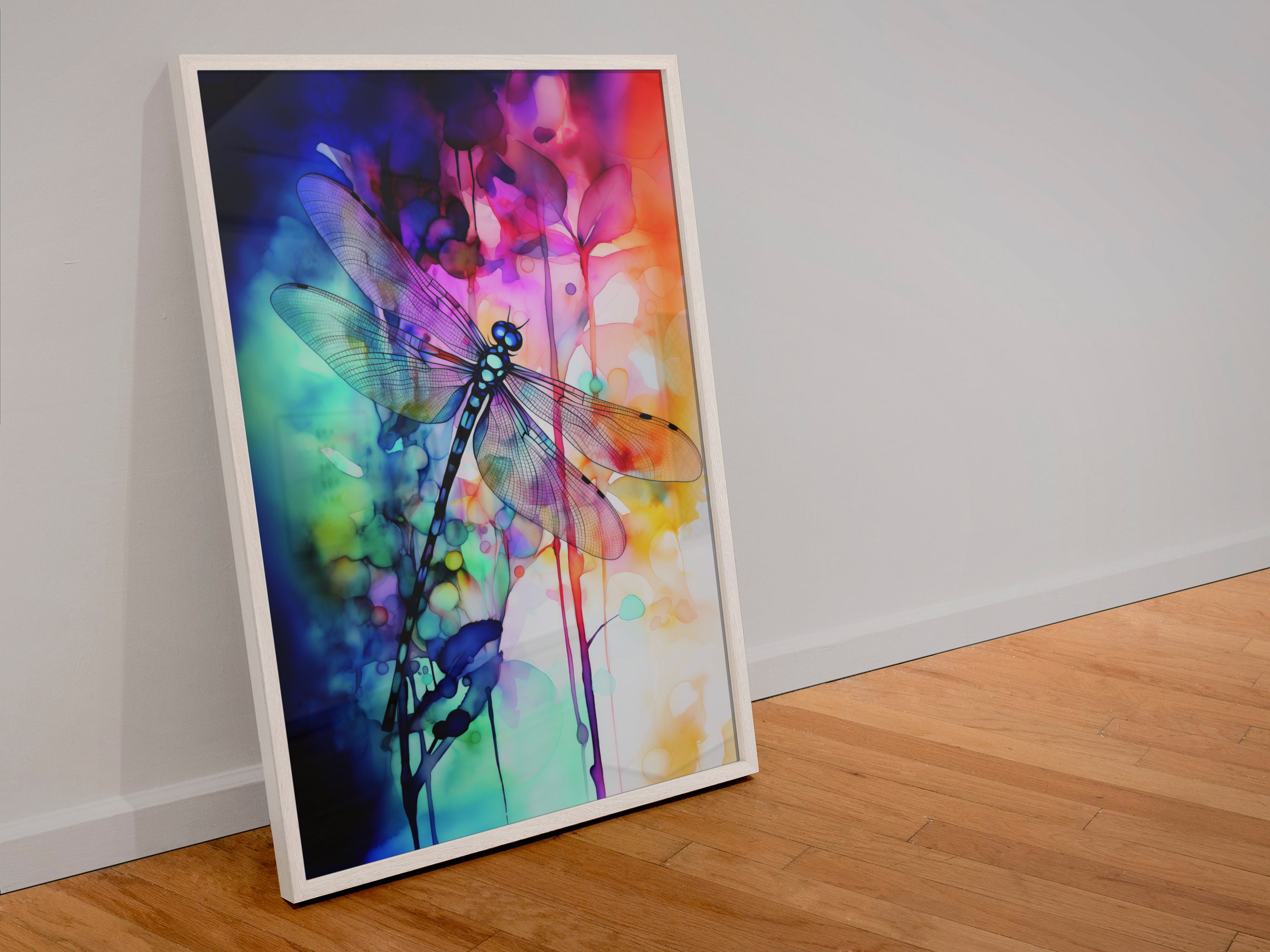 Bright Watercolor Dragonfly Art in Rainbow Colors - Wall Decor, Digital ...