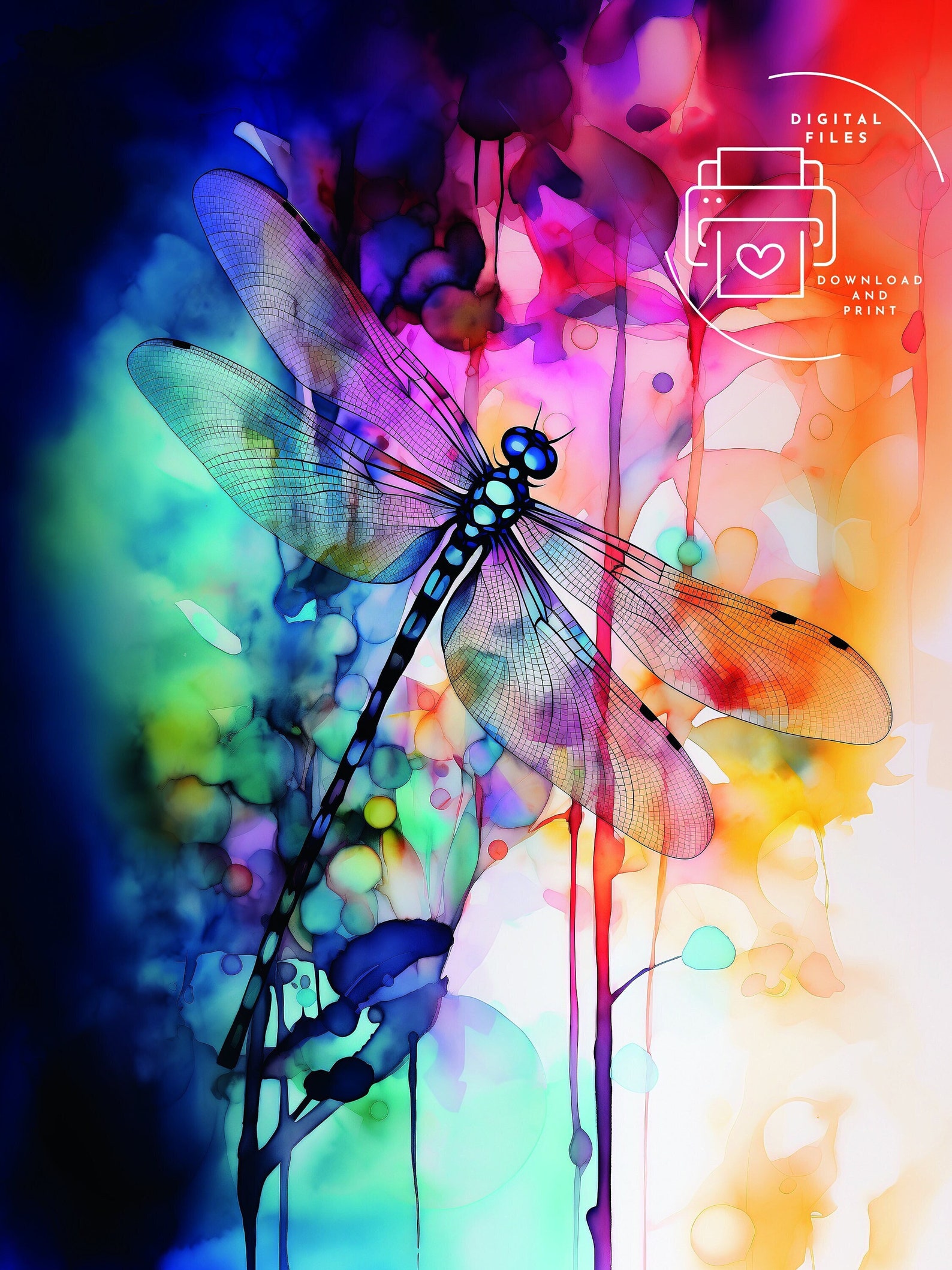Bright Watercolor Dragonfly Art in Rainbow Colors - Wall Decor, Digital ...