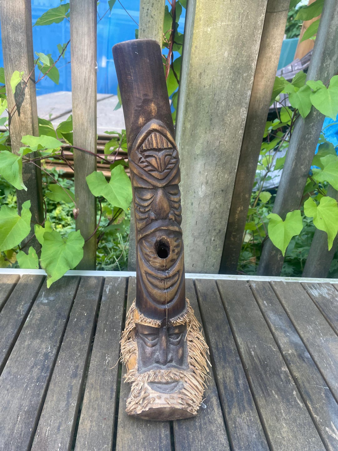 Vtg Hand Carved Tiki Statue With Raffia Trim Tribal Polynesian Art ...