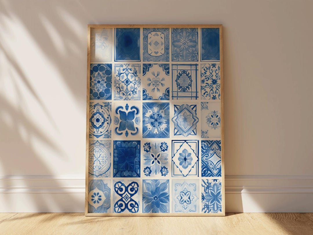 Spanish Tile Pattern Wall Art, Spanish Mosaic Art, Blue Tile Print ...