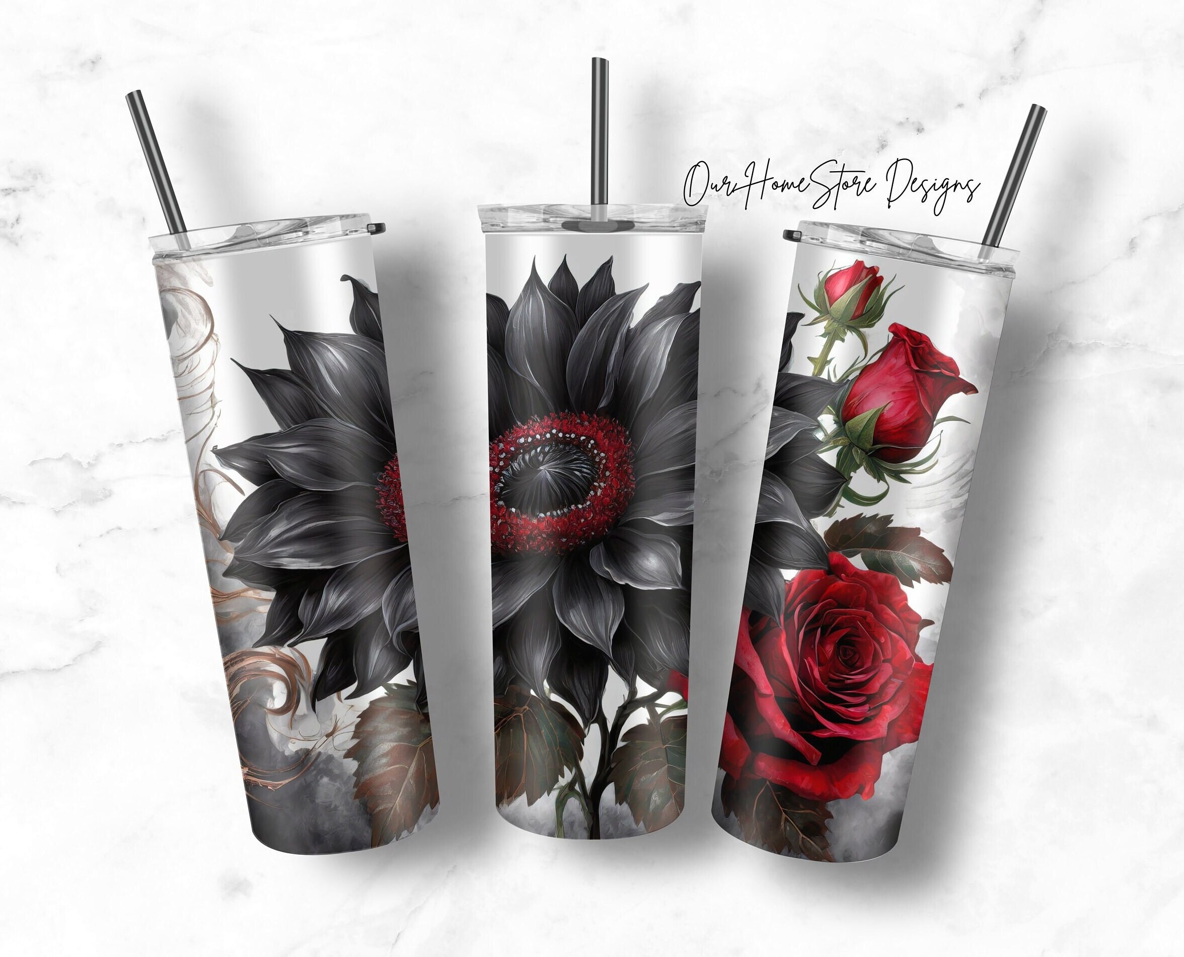 Black & Red Goth Sunflowers Roses, Floral Watercolor, 20 Oz Skinny ...