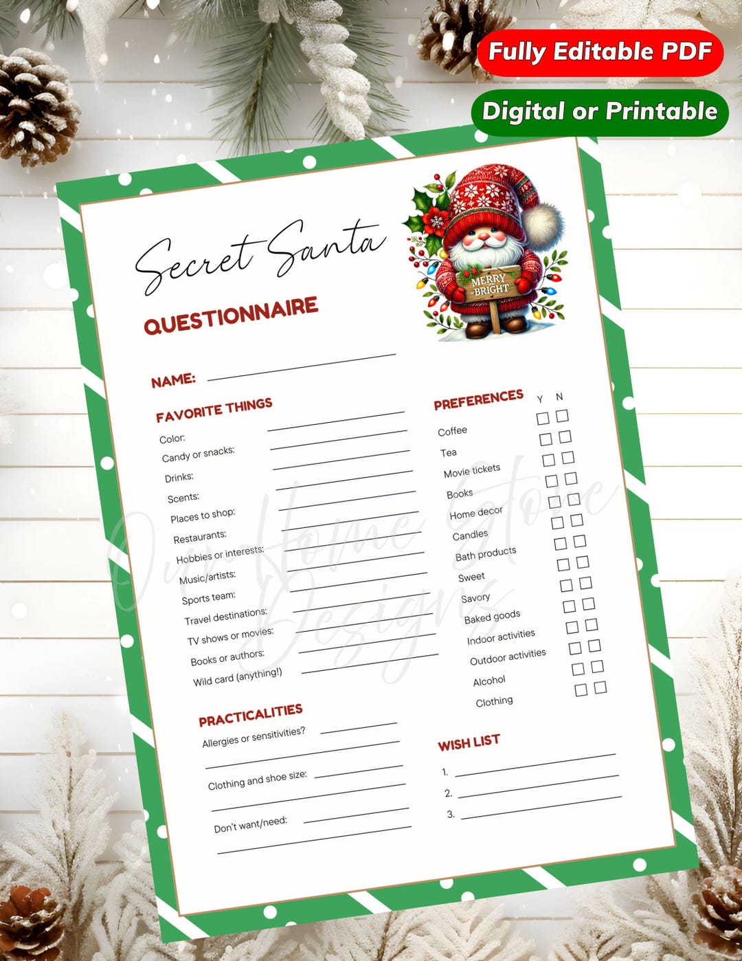 Printable Secret Santa Gift Exchange Questionnaire for Christmas and ...