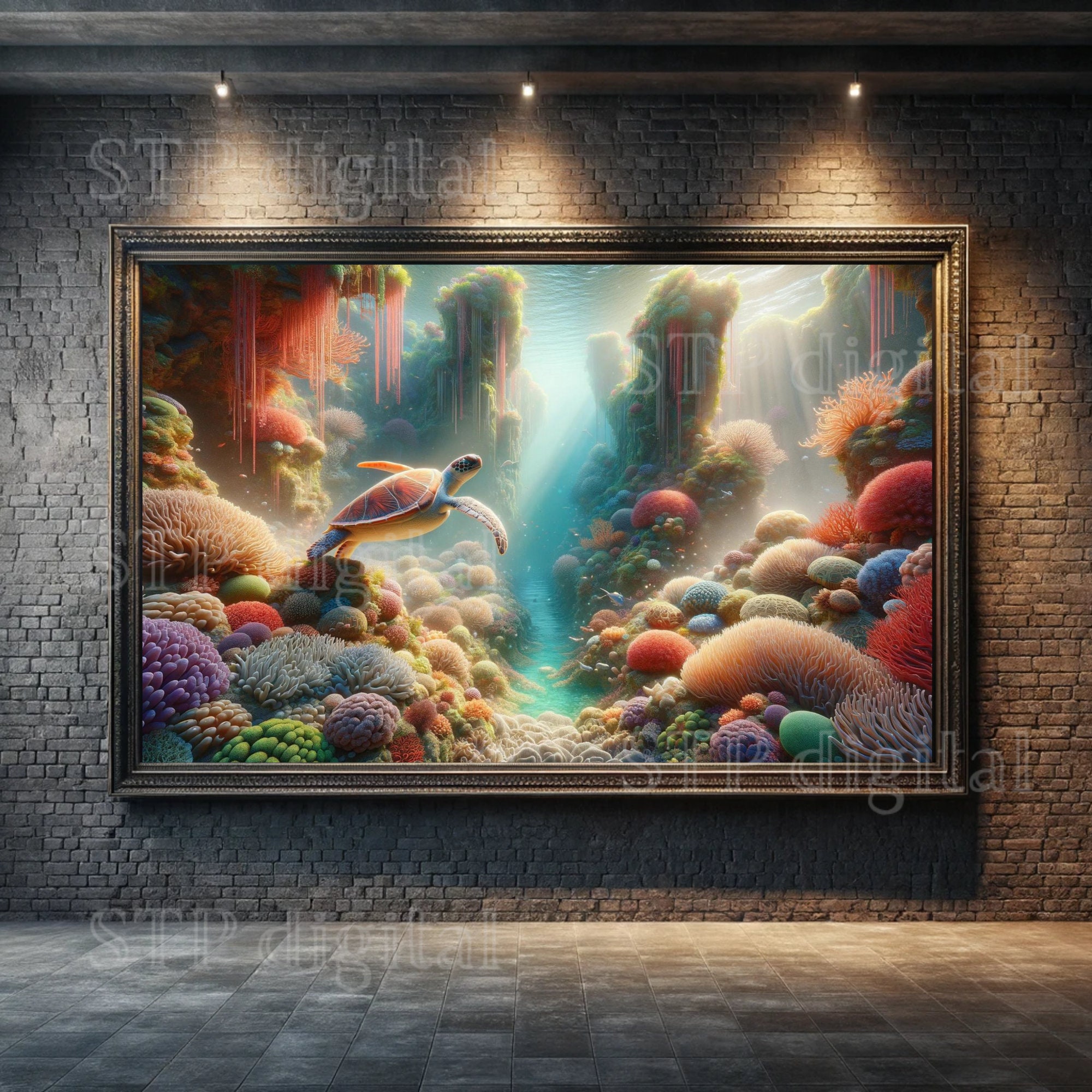 Turtle Dreamland Painting, Coral Reef Landscape, Instant Png Download ...