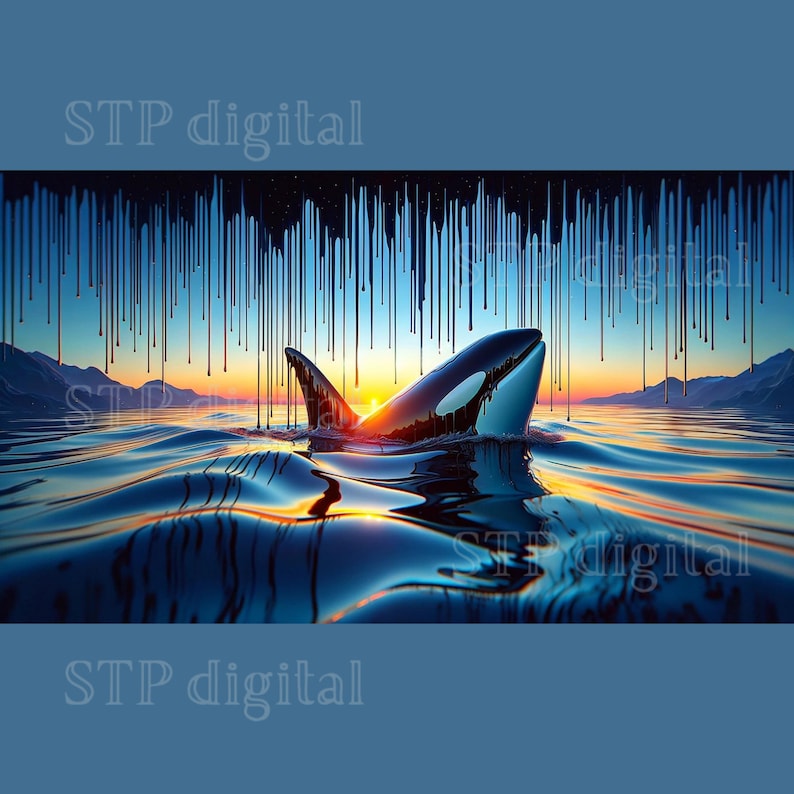 Orca Whale and Sunset, Abstract Star Drip Painting, Killer Whale Art ...