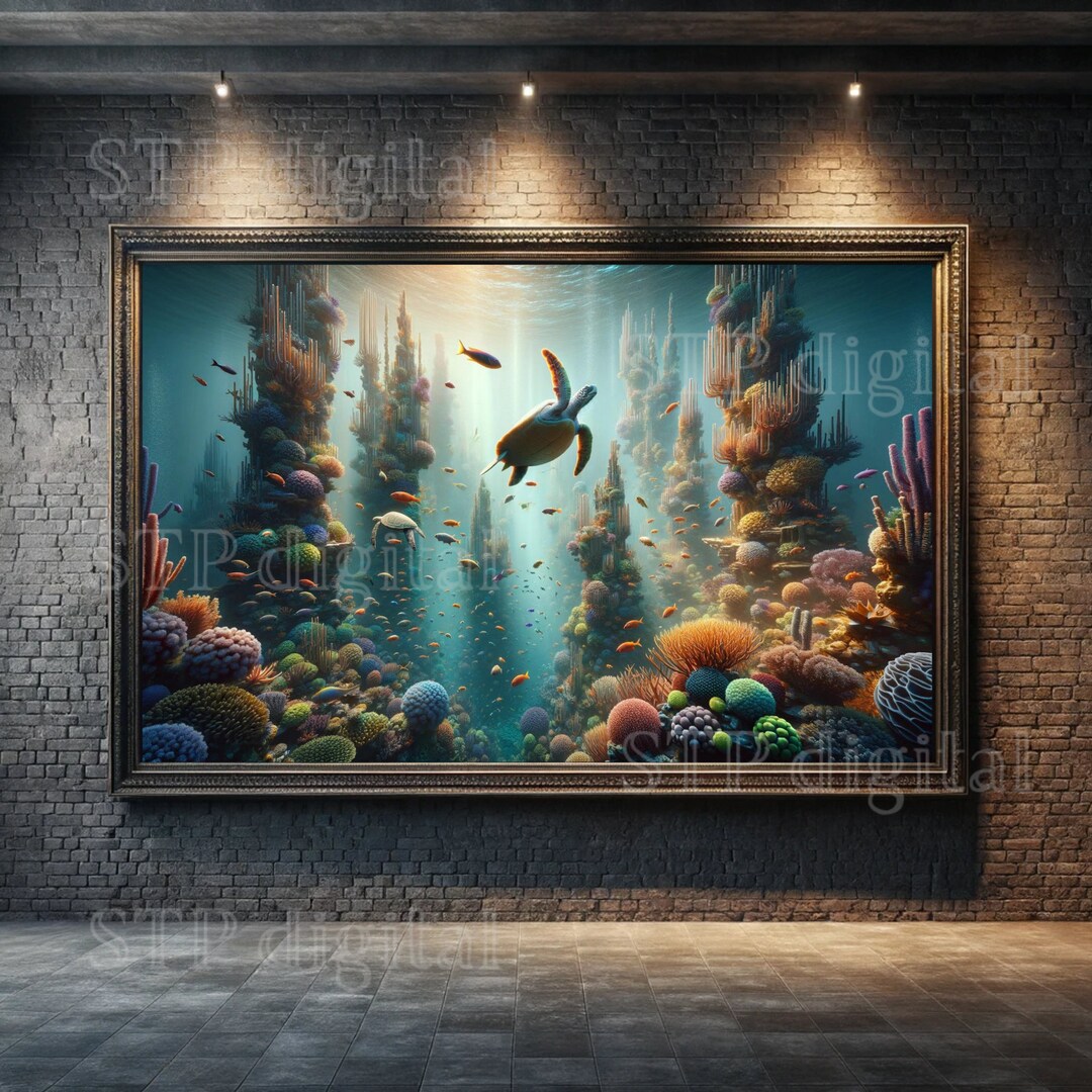 Turtle Painting, Coral Reef Tow and Sea Turtles, Digital Art, High ...