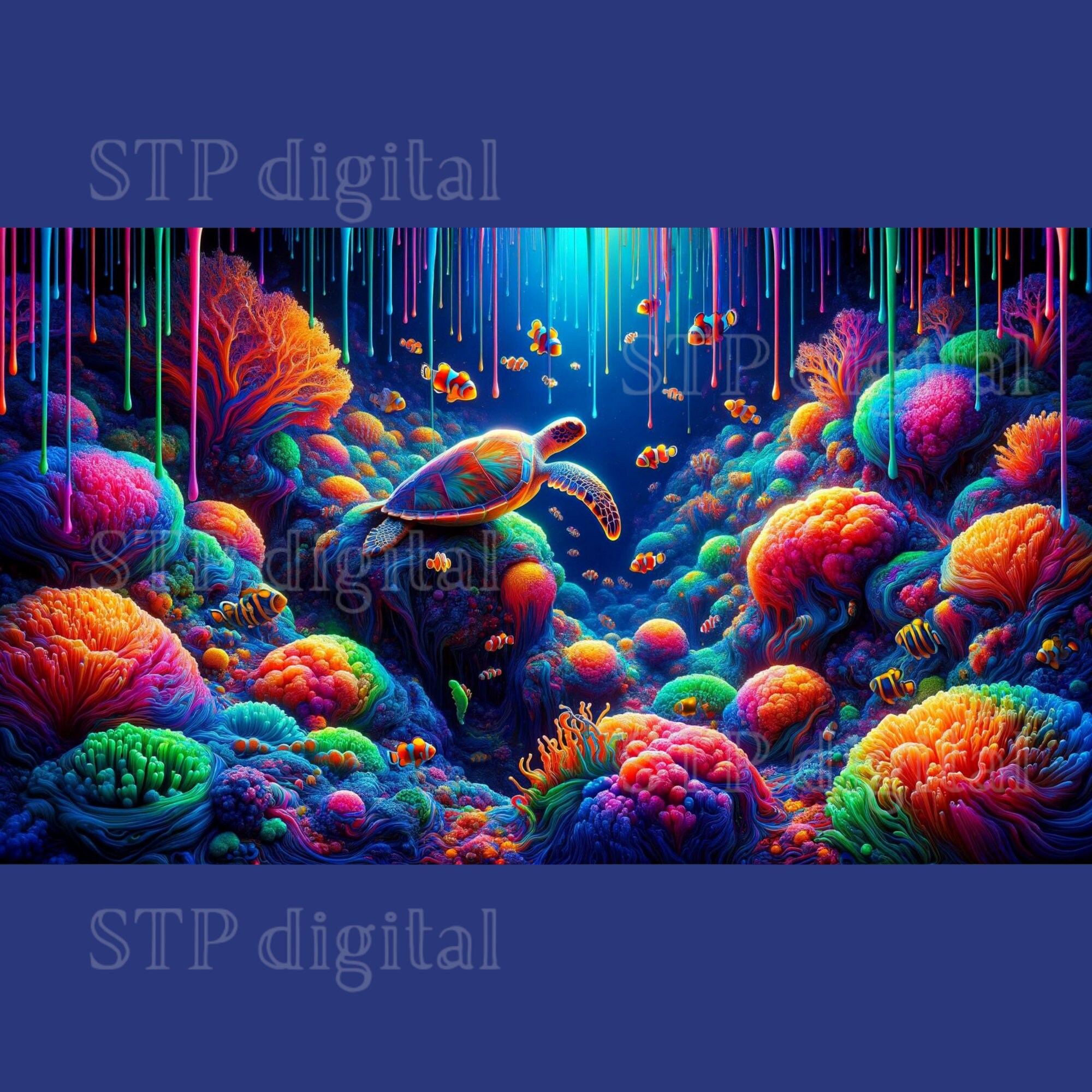 Abstract Neon Sea Turtle and Coral Reef Digital Art Download, High ...