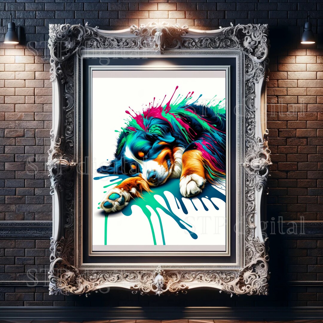 Bernese Mountain Dog Painting, Abstract Realism Splatter and Drip Art ...