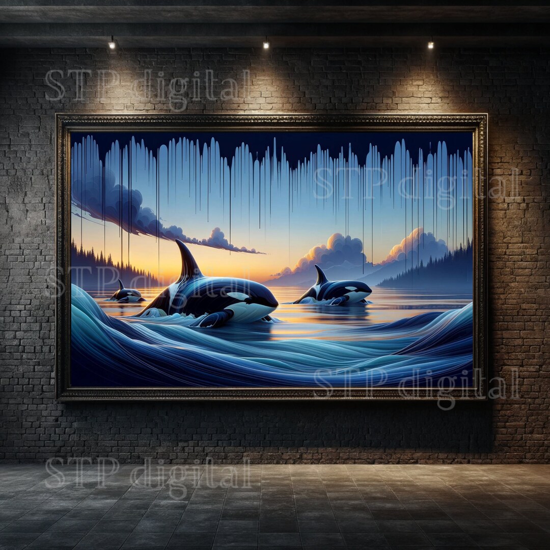 Digital Art Painting of Killer Whales, Abstract Realism Orca Pod, High ...