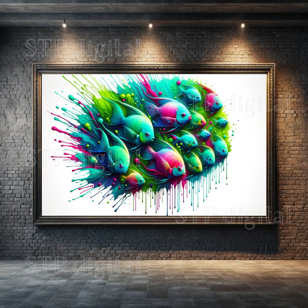 Angel Fish School Painting, Vibrant Paint Splatter and Drip Abstract ...
