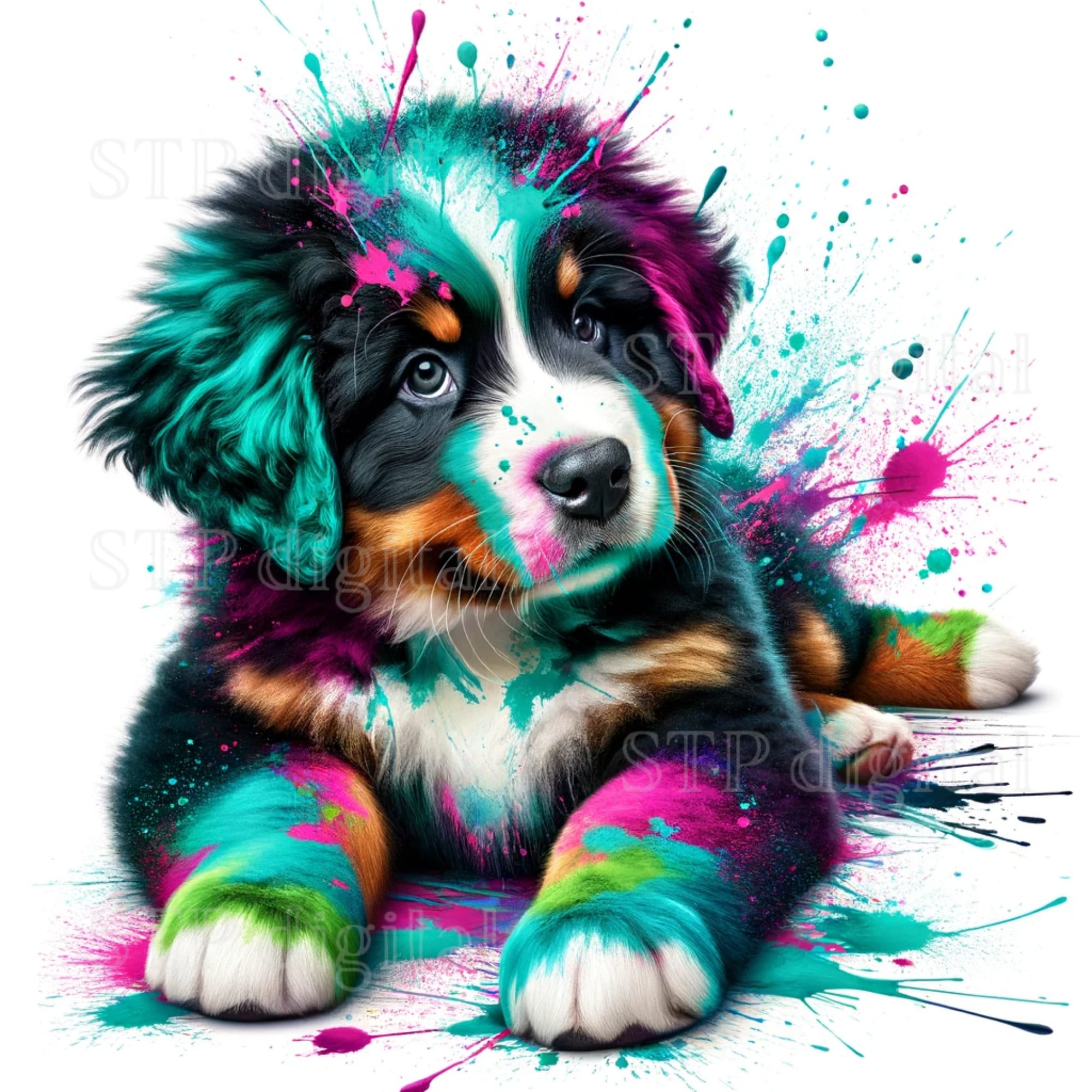 Colorful Puppy Painting, Bernese Mountain Dog Puppy, Paint Splatter ...