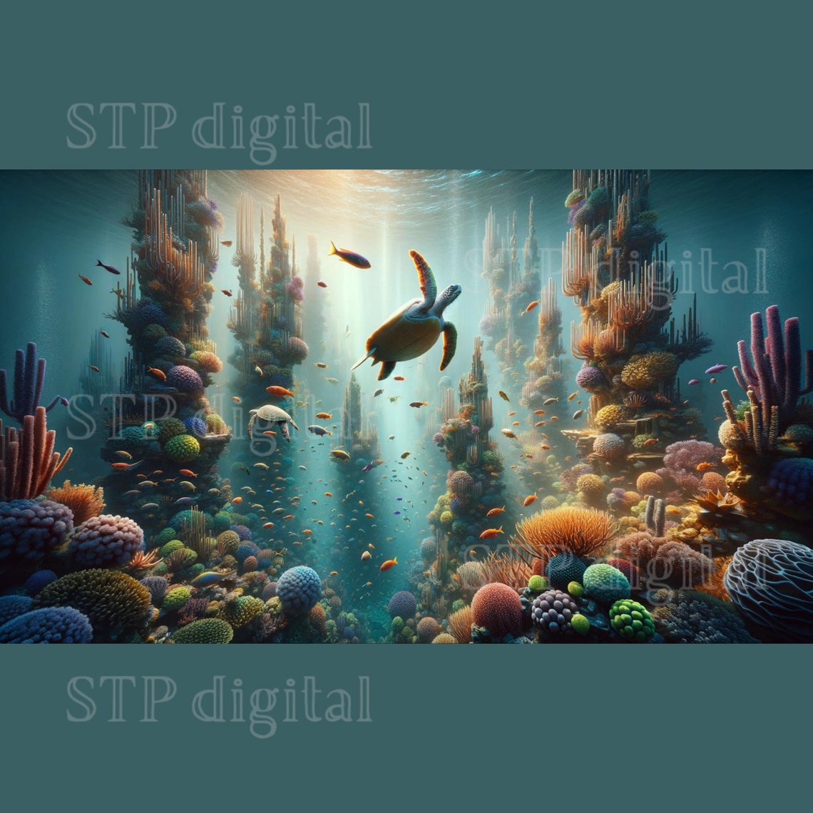 Turtle Painting, Coral Reef Tow and Sea Turtles, Digital Art, High ...