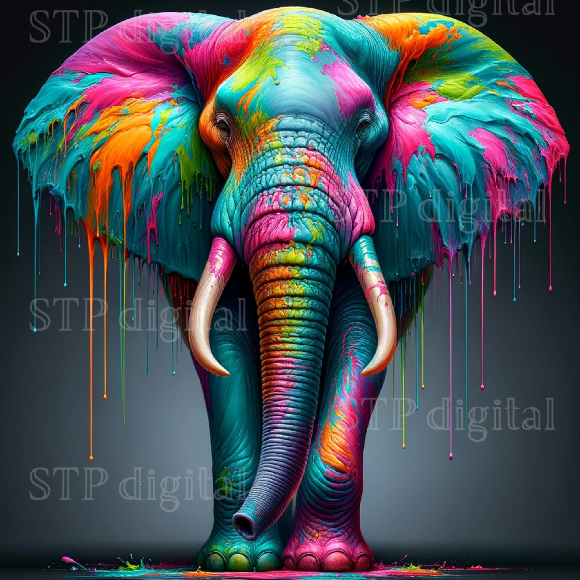 Elephant Painting, Abstract Realism, Digital Art, Vibrant Neon Drip ...