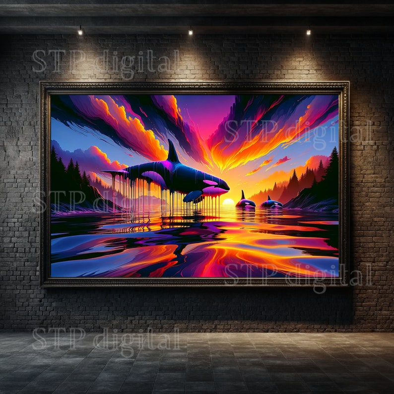 Flying Whale Abstract Orca Painting, Vibrant Neon Electric Colors, Drip ...