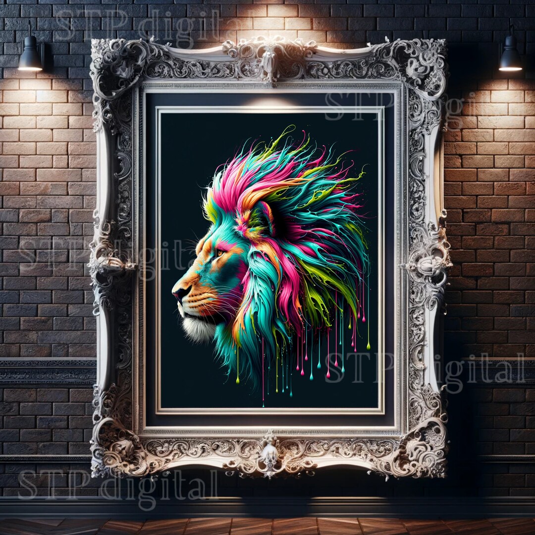 Lion Painting, Vibrant Dripping Paint Mane, Abstract Realism, Digital ...
