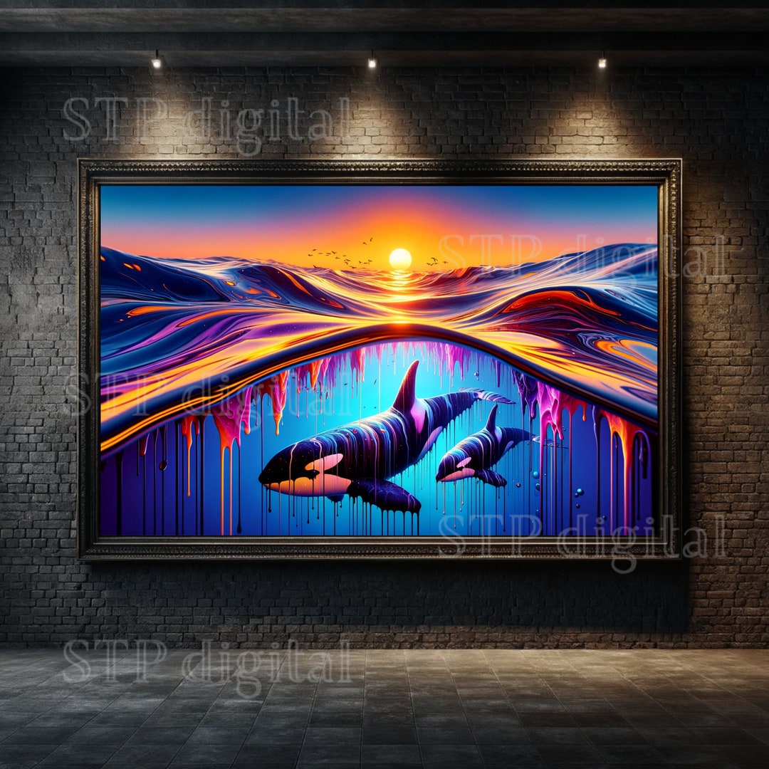 Orca Whale Mother and Calf Sunset Painting, Instant Png Download, High ...