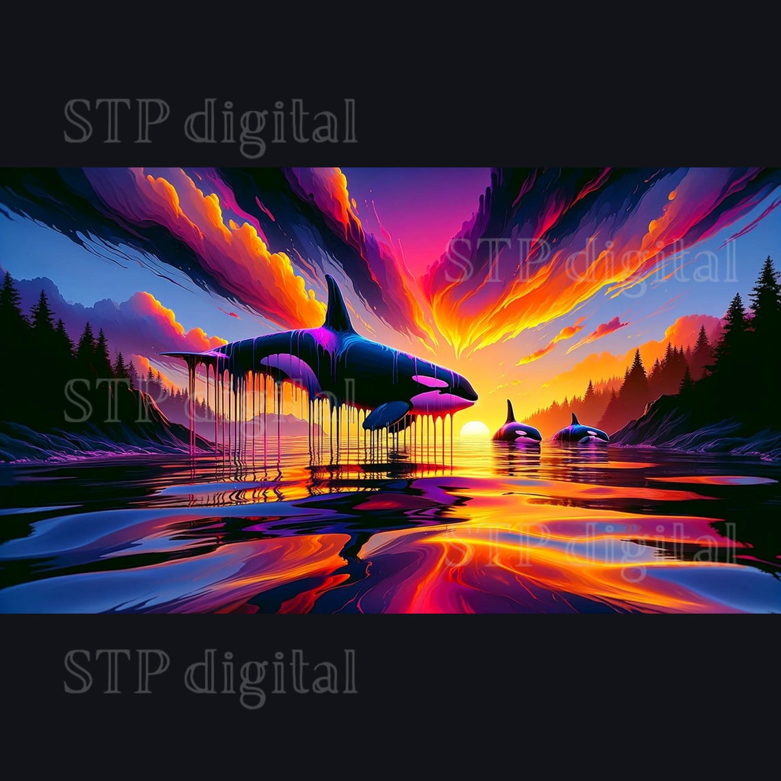 Flying Whale Abstract Orca Painting, Vibrant Neon Electric Colors, Drip ...