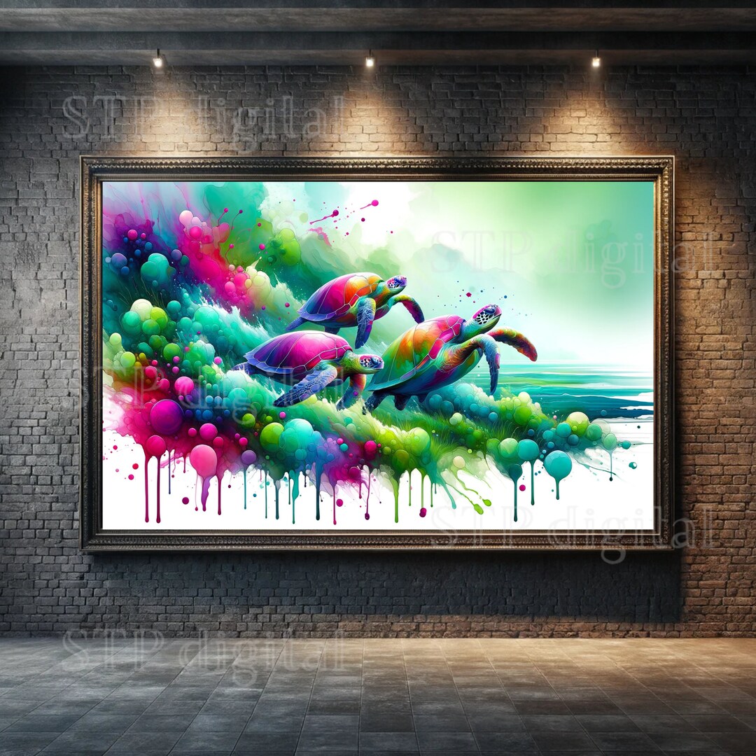 Painting of Sea Turtles Surfing on a Wave of Vibrant Paint, Abstract ...