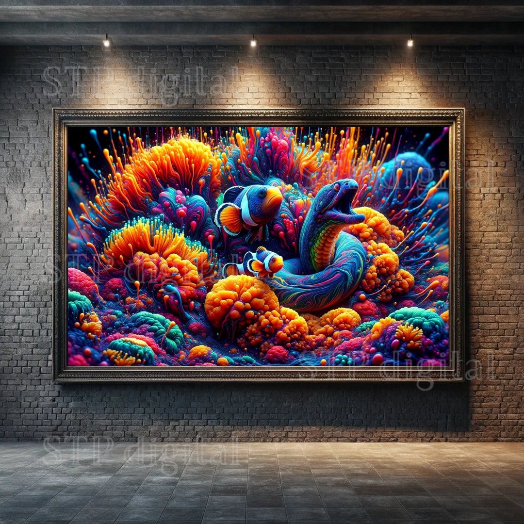 Moray Eel and Clown Fish Abstract Neon Painting, High Resolution ...