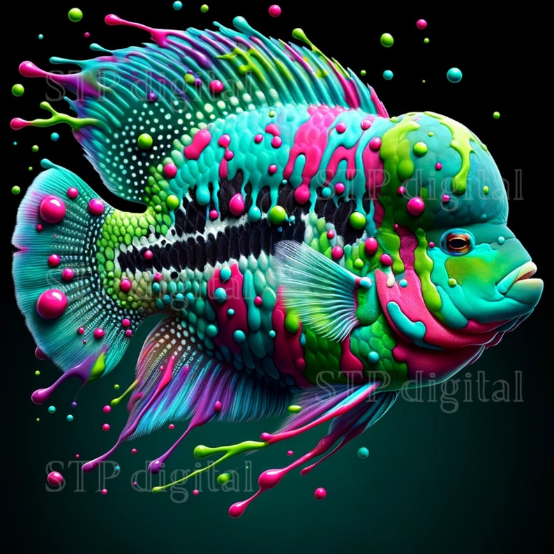 Majestic Flowerhorn Digital Painting, Abstract Realism Drip Paint Style ...