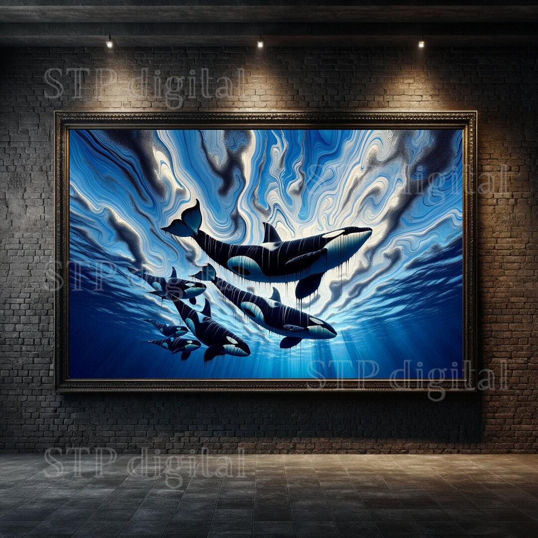 Orca Whale Pod Painting, Abstract Killer Whale Art, High Resolution ...