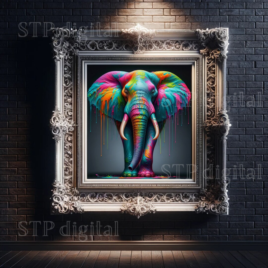 Elephant Painting, Abstract Realism, Digital Art, Vibrant Neon Drip ...