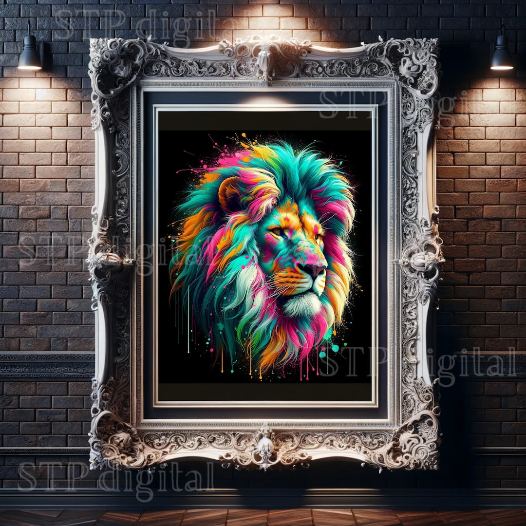 Wise Lion Digital Painting, Abstract Realism Lion With Paint Splatter ...