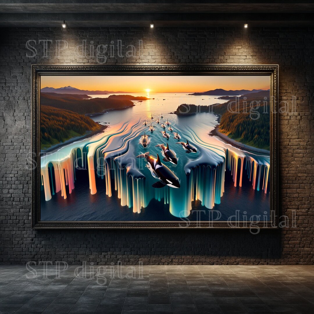 Orca Whale Pod Swimming With the Tide, Abstract Realism Art, Killer ...