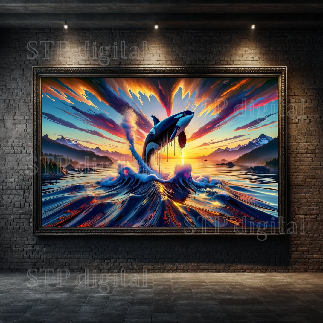 Killer Whale Painting, Orca Jumping, Abstract View of the Puget Sound ...