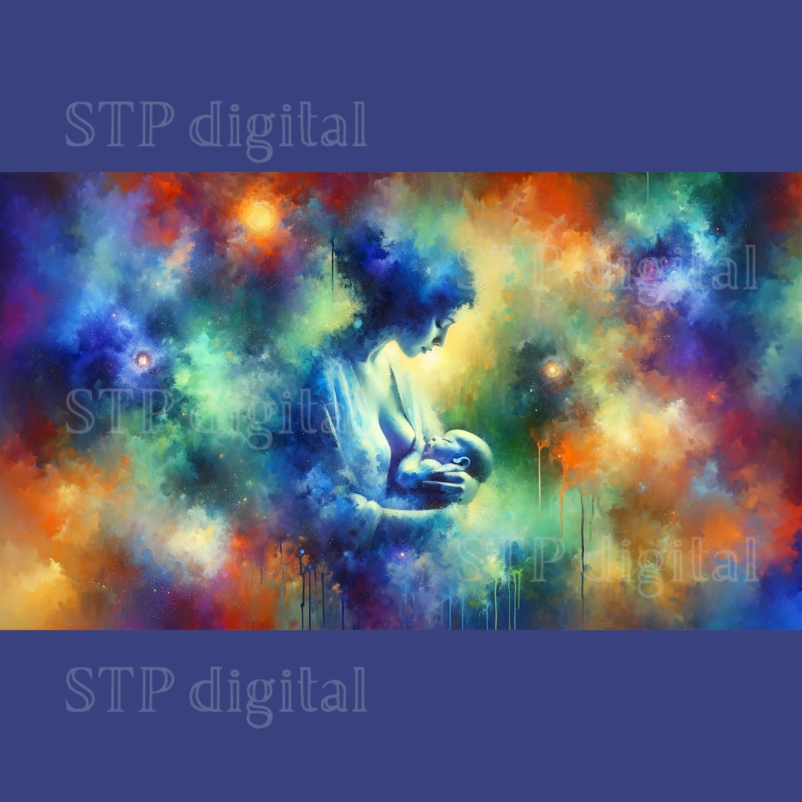 Painting of Mother Nursing Baby, Solor Inspired Paint Burst, a Special ...