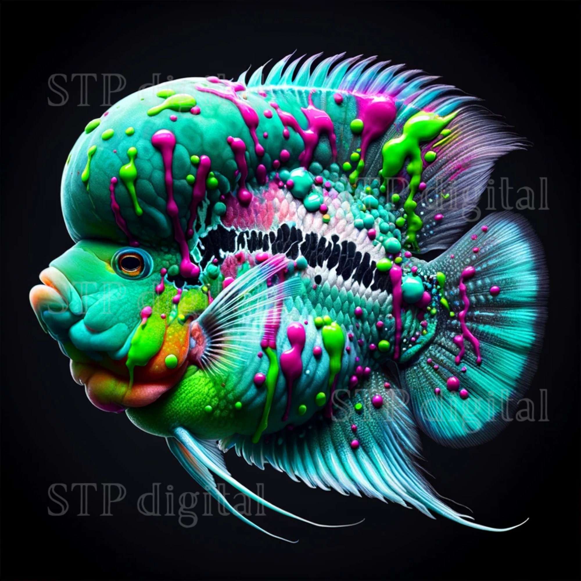 The King Flowerhorn! Stunning Drip Painting of a Flowerhorn Cichlid ...