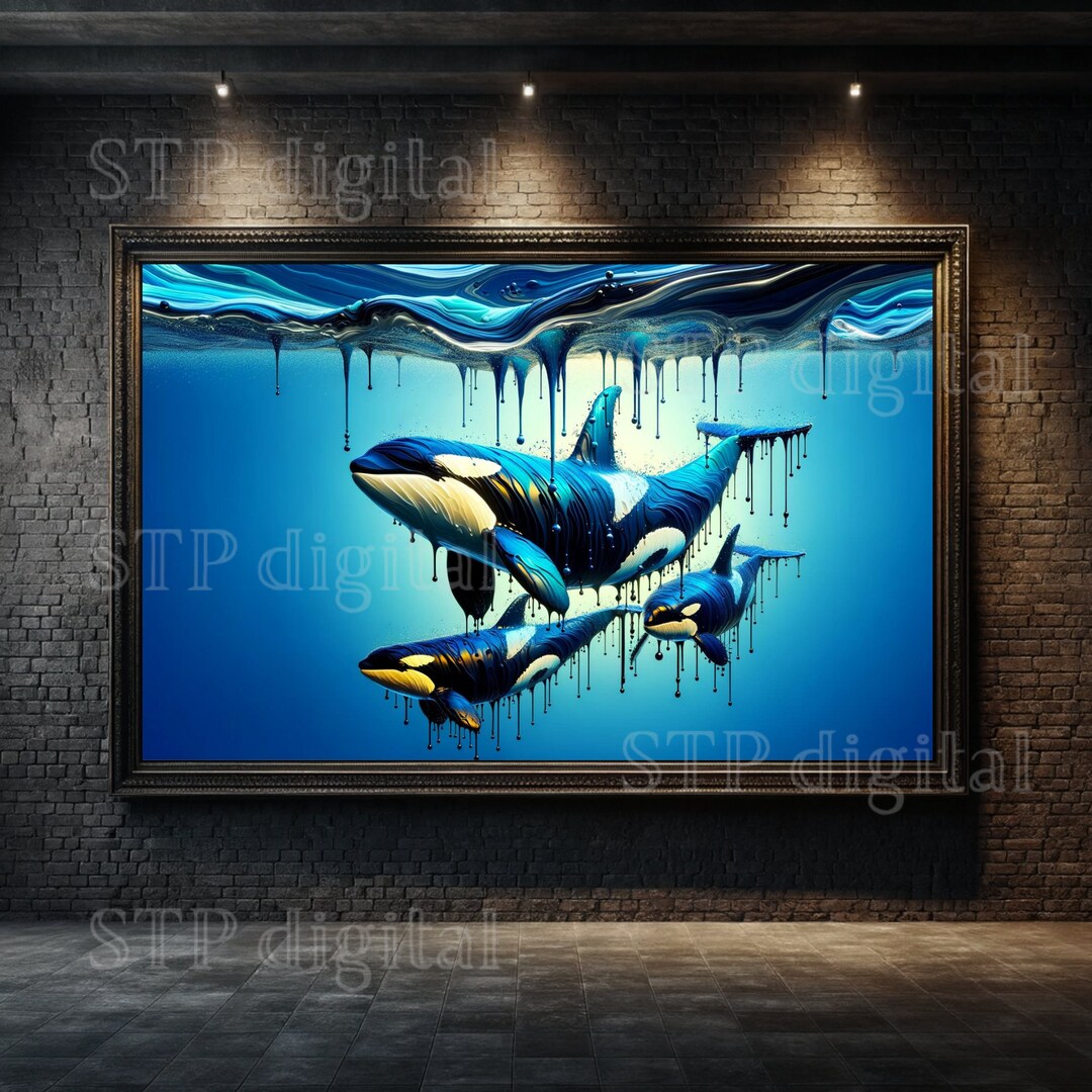 Orca Whale Pod Digital Art, Abstract Drip Painting of a Killer Whale ...