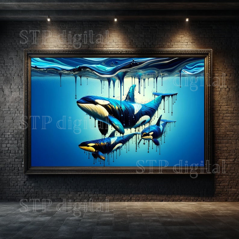 Orca Whale Pod Digital Art, Abstract Drip Painting of a Killer Whale ...