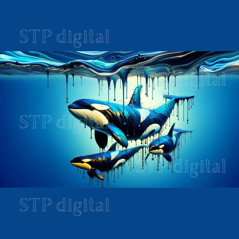 Orca Whale Pod Digital Art, Abstract Drip Painting of a Killer Whale ...