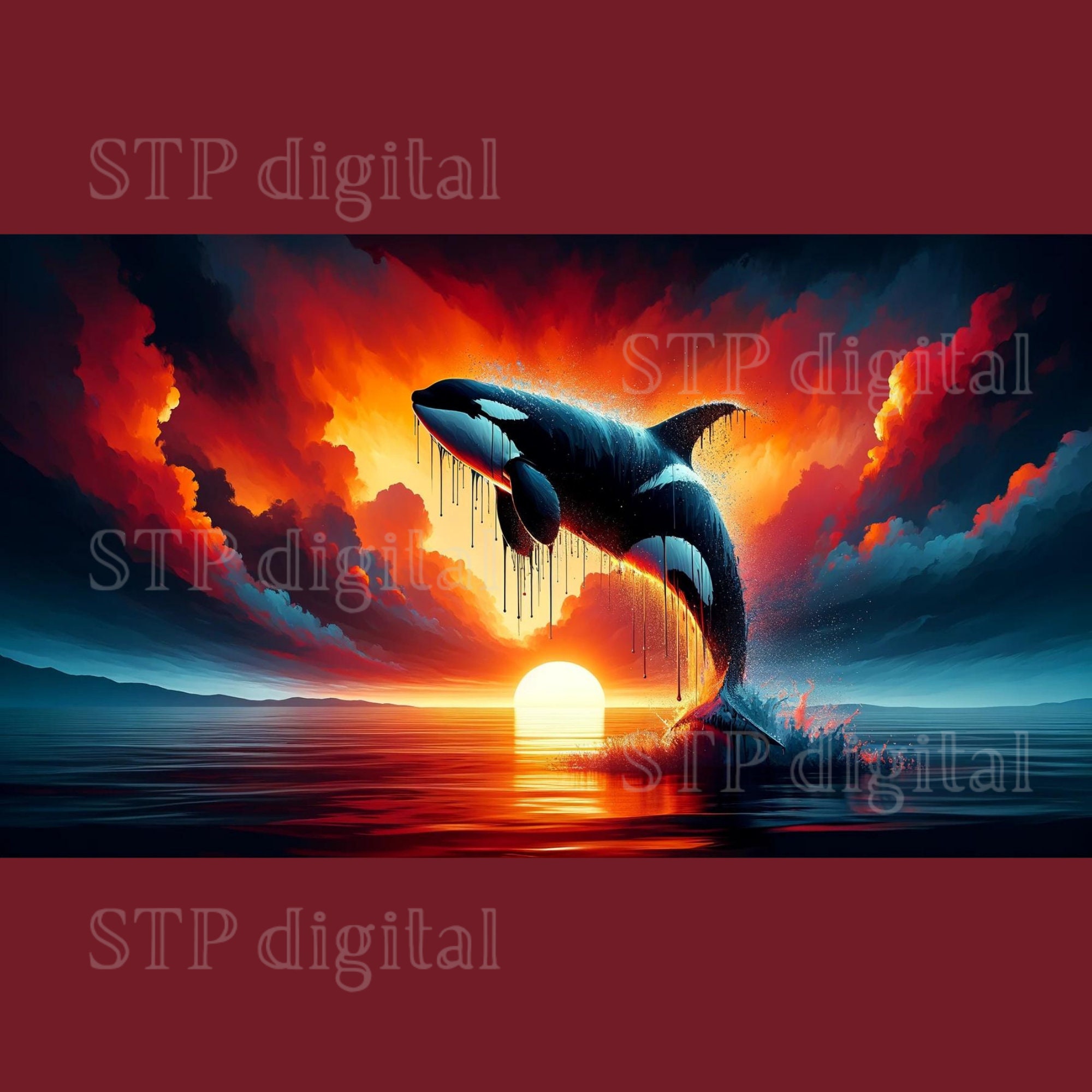 Stunning Orca and Sunset Painting, Abstract Drip Art, Killer Whale and ...