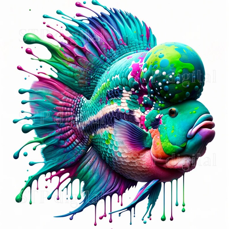 Flowerhorn Cichlid Fish, Drip Painting, Digital Art Download, High ...