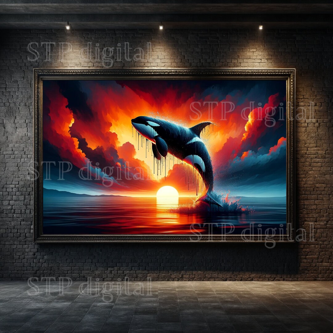 Stunning Orca and Sunset Painting, Abstract Drip Art, Killer Whale and ...