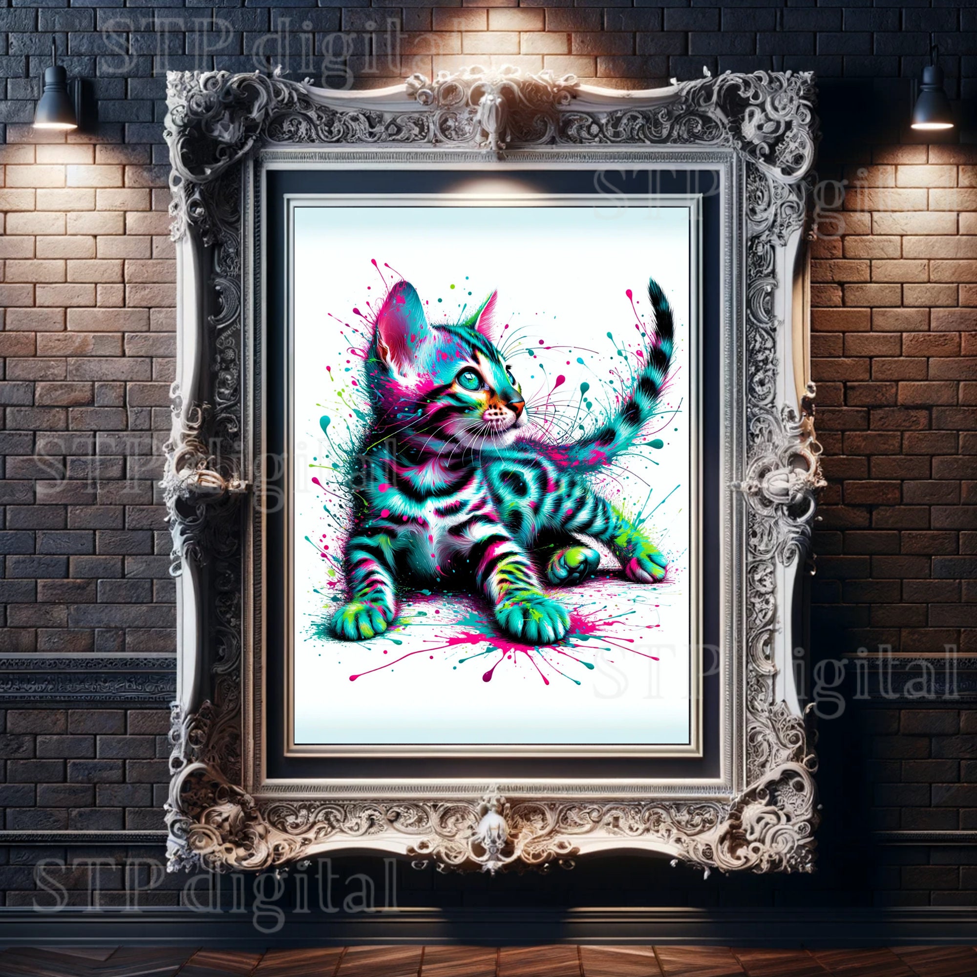 Bengal Cat, Kitten and Paint Splatter Digital Painting, Vibrant Colors ...