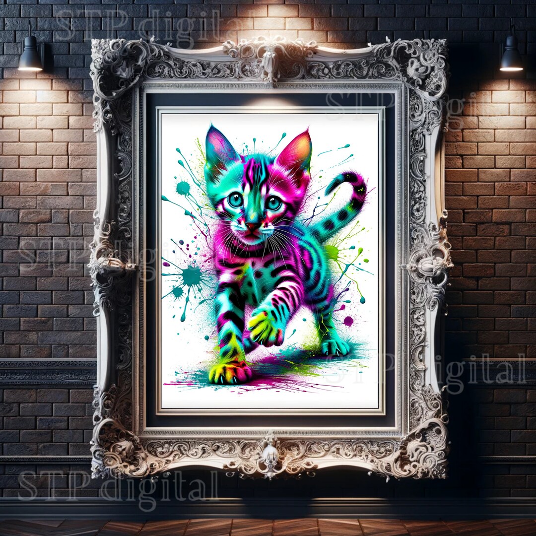 Bengal Kitten Paint Play, Leopard Print Cat, Vibrant Paint Splatter ...