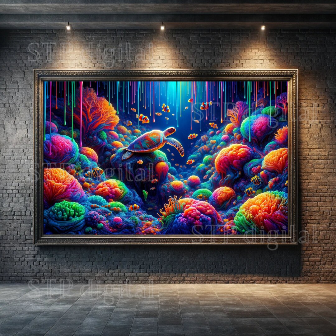 Abstract Neon Sea Turtle and Coral Reef Digital Art Download, High ...