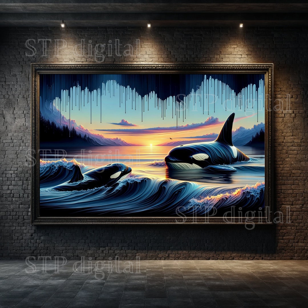 Mother and Baby Orca Whale Painting, Sunset and Abstract Paint Design ...