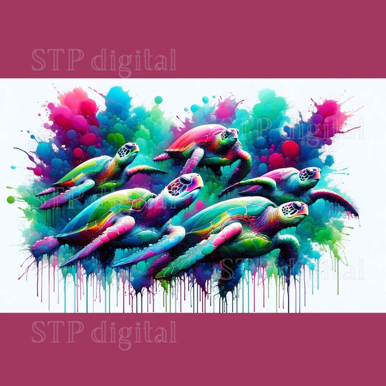 Painting of Sea Turtles Flying Through a Painted Paradise, Abstract ...