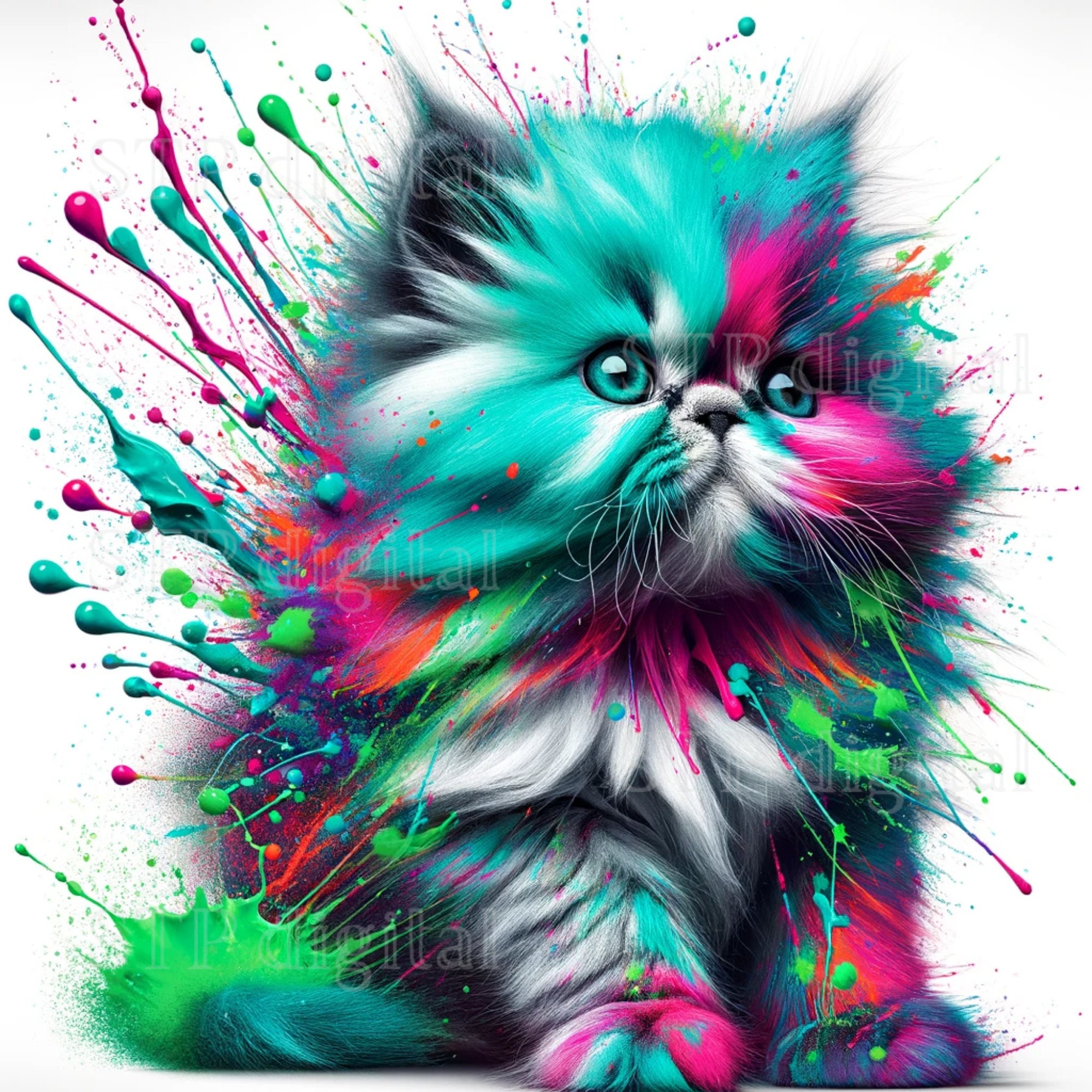 Persian Kitten Color Burst Painting, Fluffy Cat Digital Art, Vibrant ...