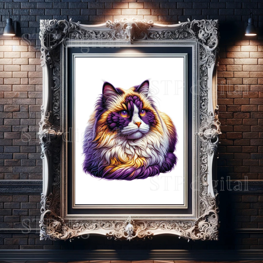 Ragdoll Cat Painting, Purple and Gold With Fire Eyes, Abstract Digital ...