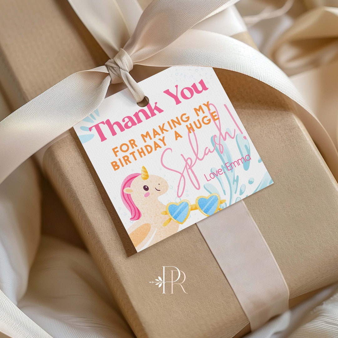 Girl Pool Splash Party Square Favor Thank You Tag, Editable in Corjl 2. ...