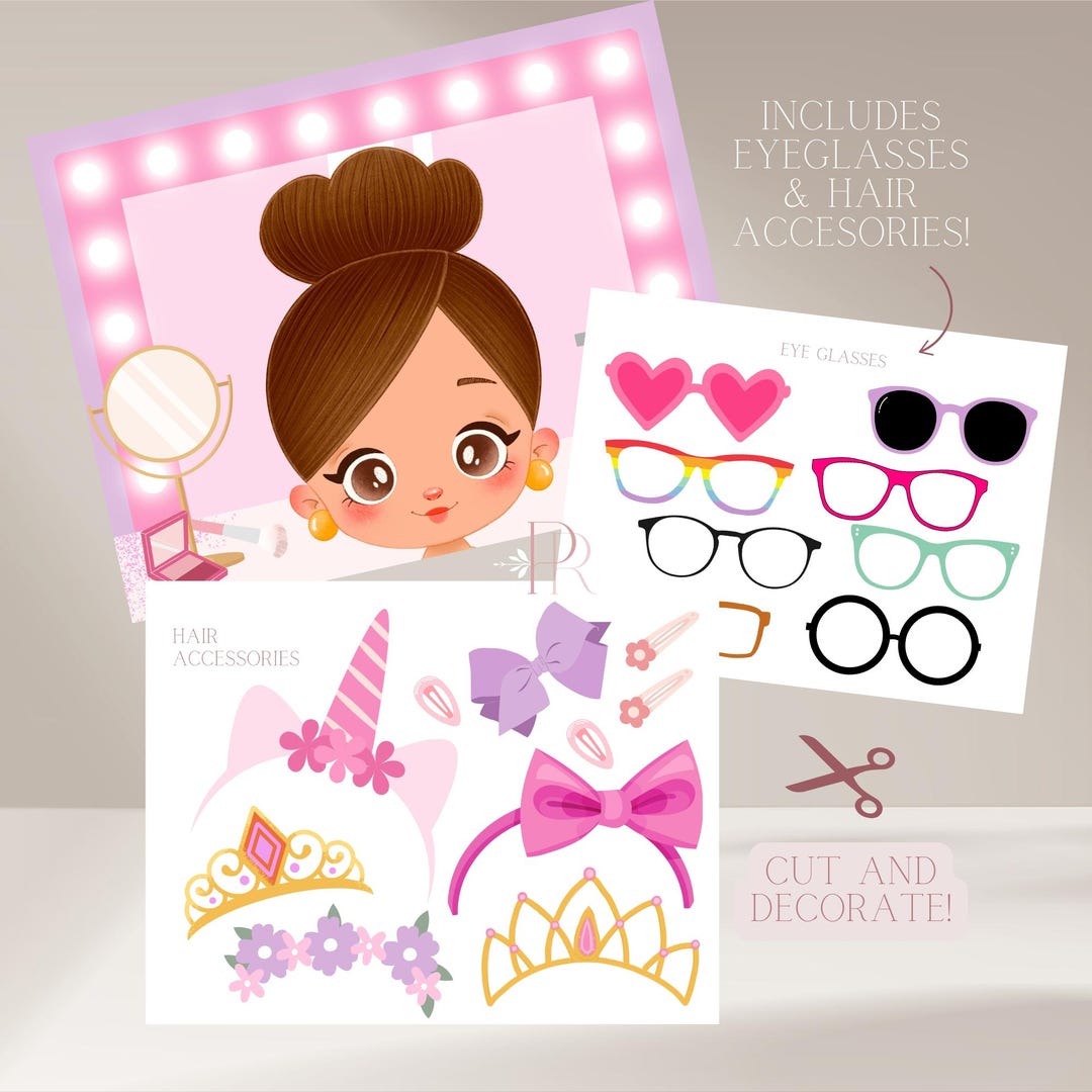Printable Doll Face Hair Accessories Pretend Play, Instant Download 8 ...
