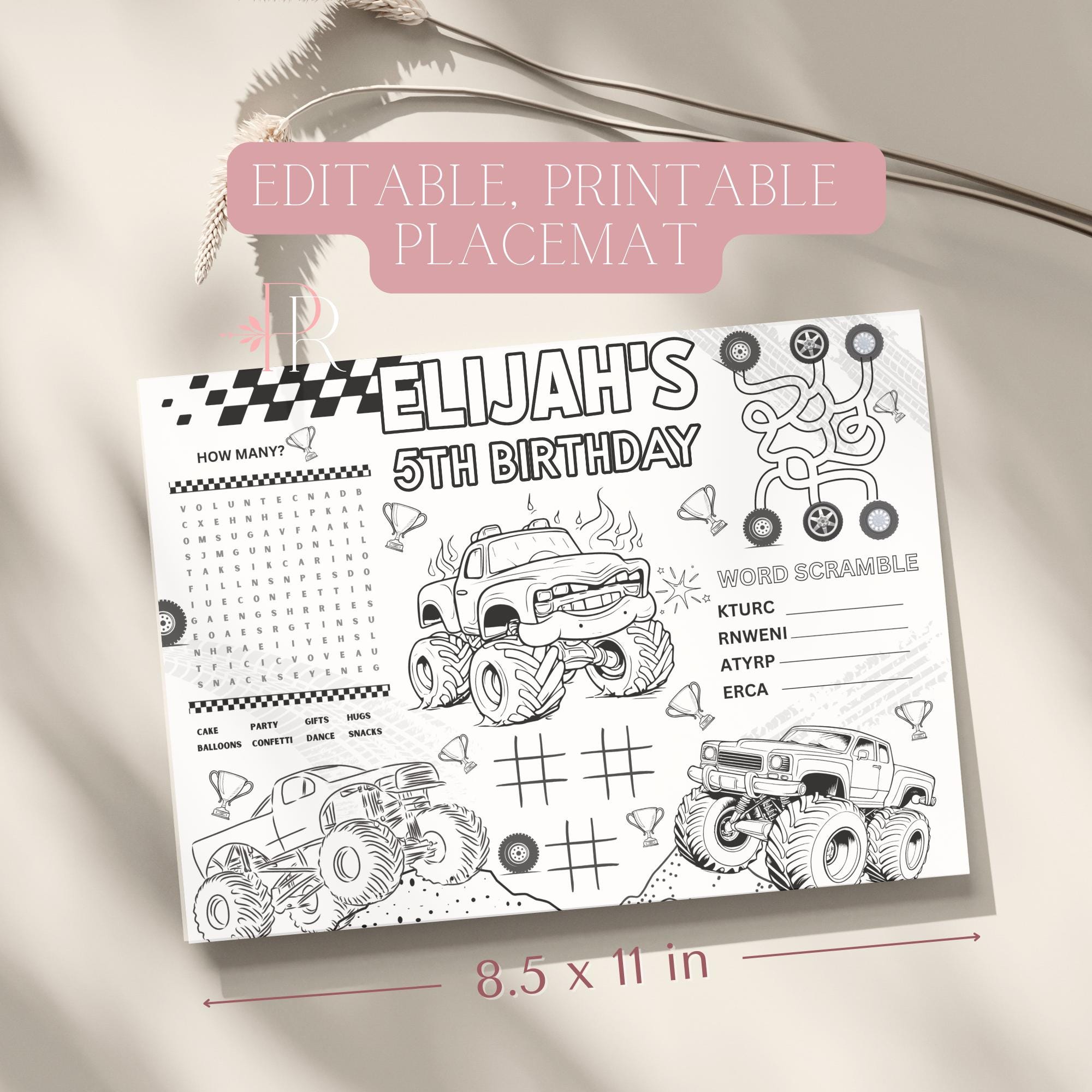 Monster Truck Activity Placemat, Editable CORJL Template 8.5 X 11 PDF ...