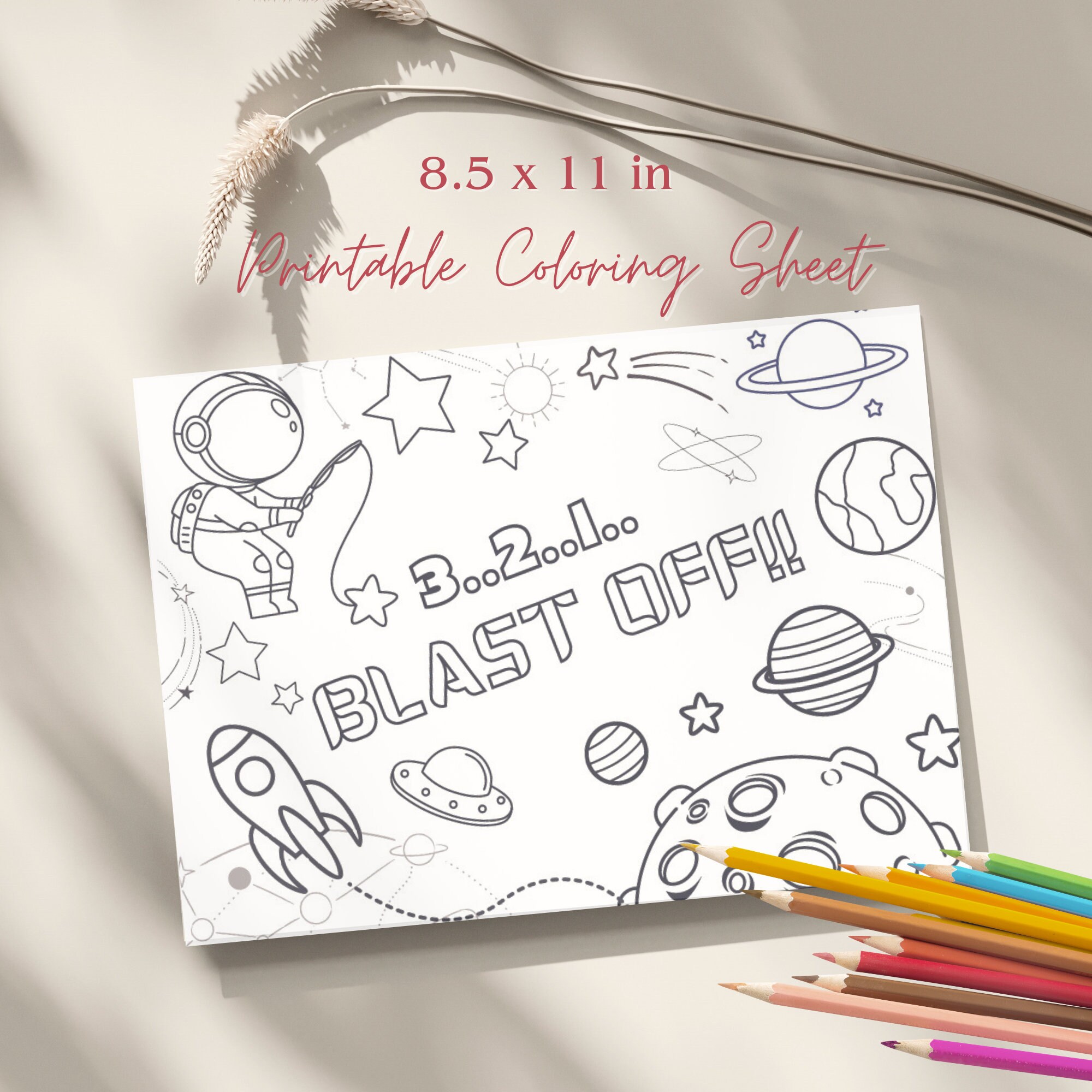Printable Space Themed Coloring Sheet Black and White, 8.5 X 11 In ...