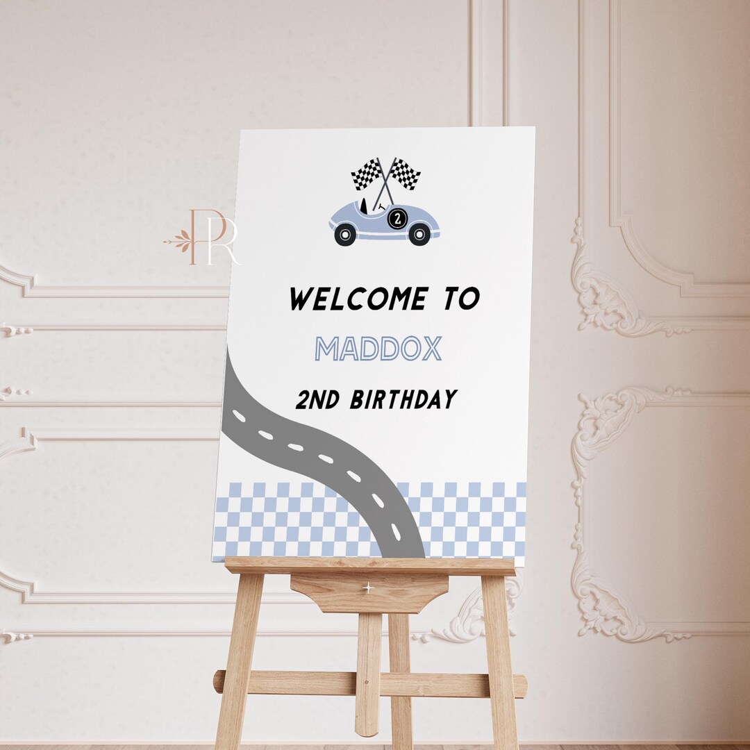 Blue Race Car Two Welcome Entrance Big Sign, Editable in Corjl 16in X ...