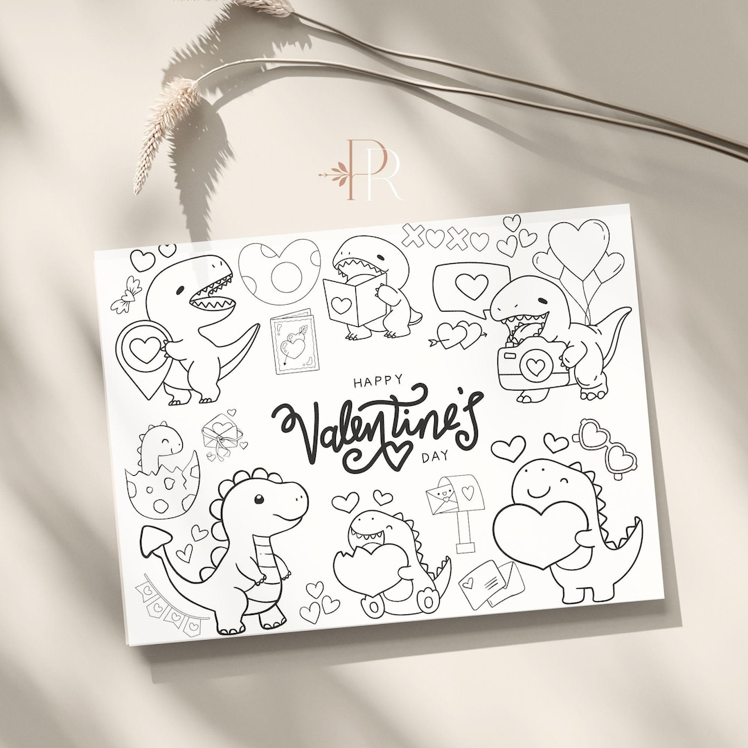 Dinosaur Valentines Day Coloring Activity Placemat, INSTANT DOWNLOAD 8. ...