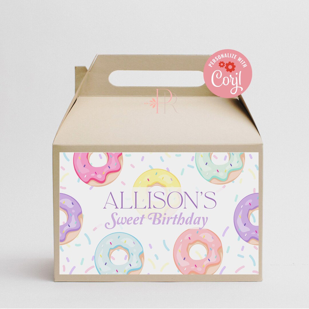 Donuts Two Sweet Birthday Box Label: Editable Corjl Template (PDF, JPG ...